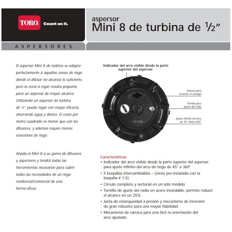 Aspersor de turbina Toro MINI8 de 1/2", alcance de 6 a 10,7 m