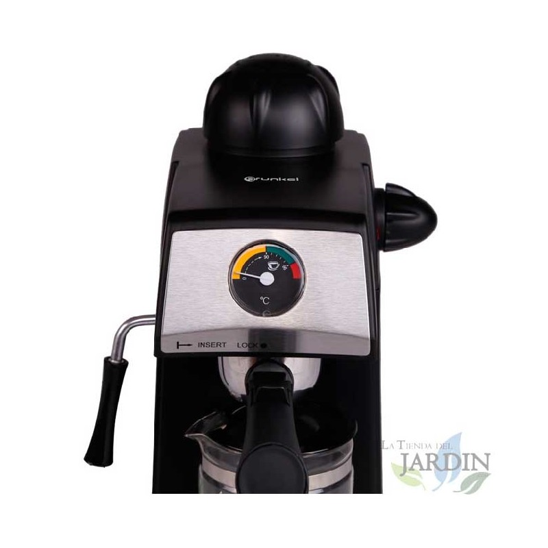 Grunkel espresso machine with 5 bar pressure and capacity for 4 cups.