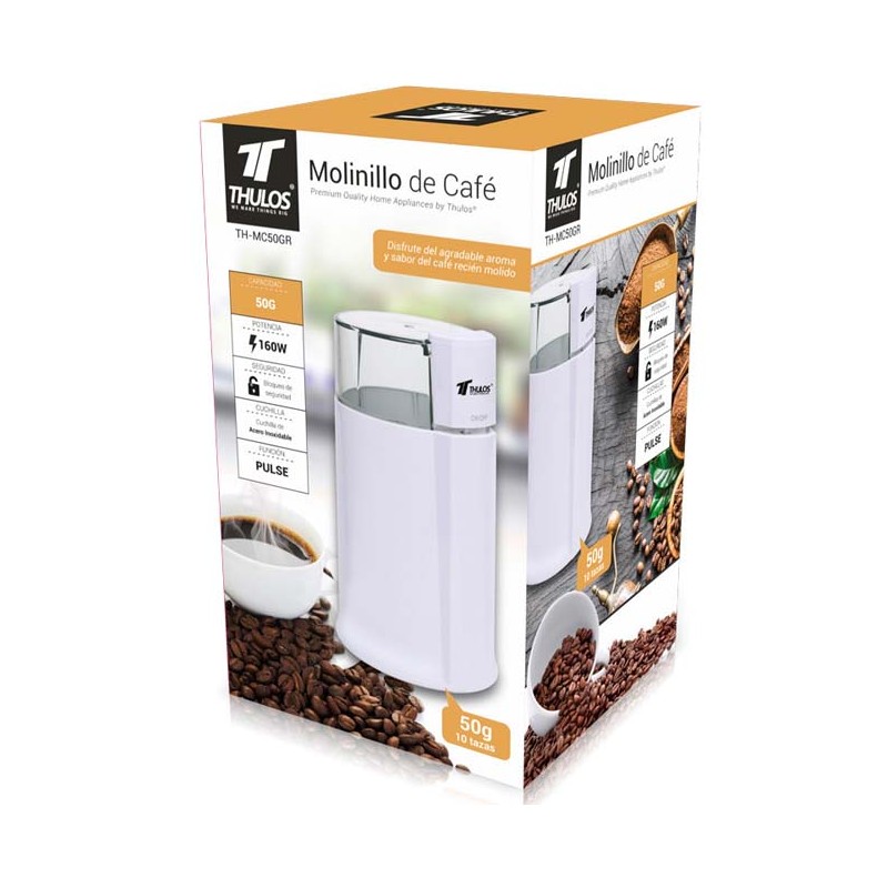 Molinillo de café Thulos, capacidad de 50-60 gramos. Modelo color blanco.