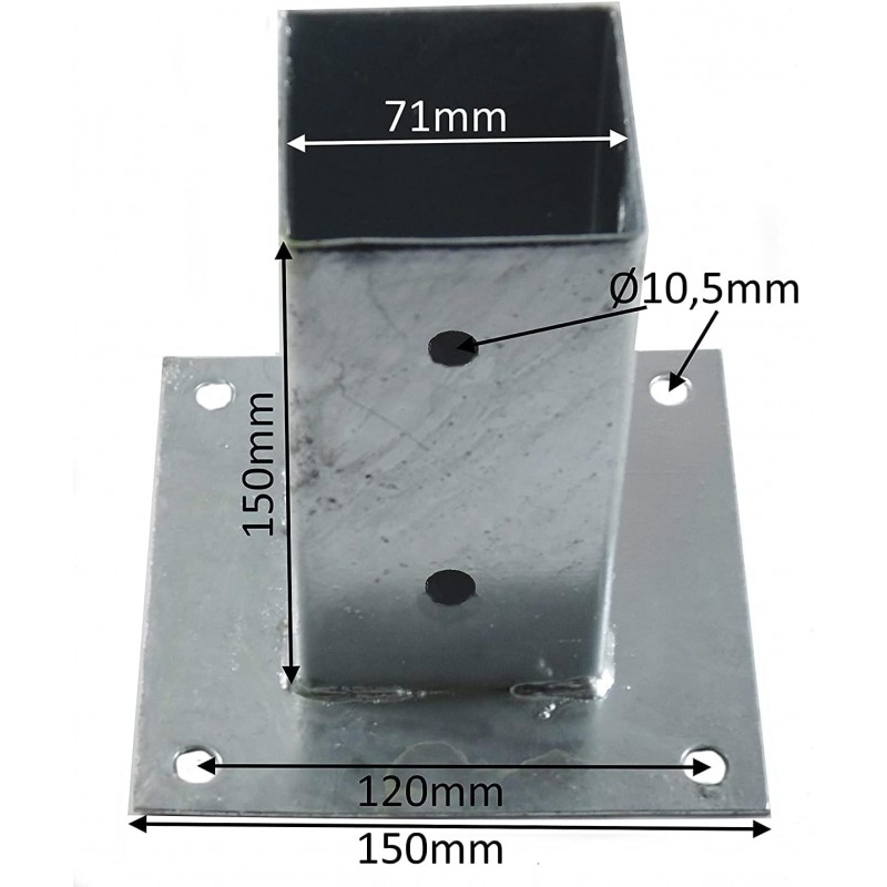 Ancrage métallique carré 7x7 cm, base 15x15 cm Support d'ancrage à Visser pour Poteau pour Béton ...