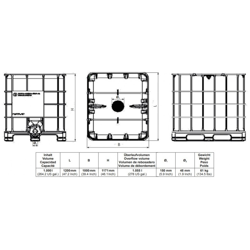 Tanque de água IBC Graf de 1000 litros com palete, 120x100x117 cm