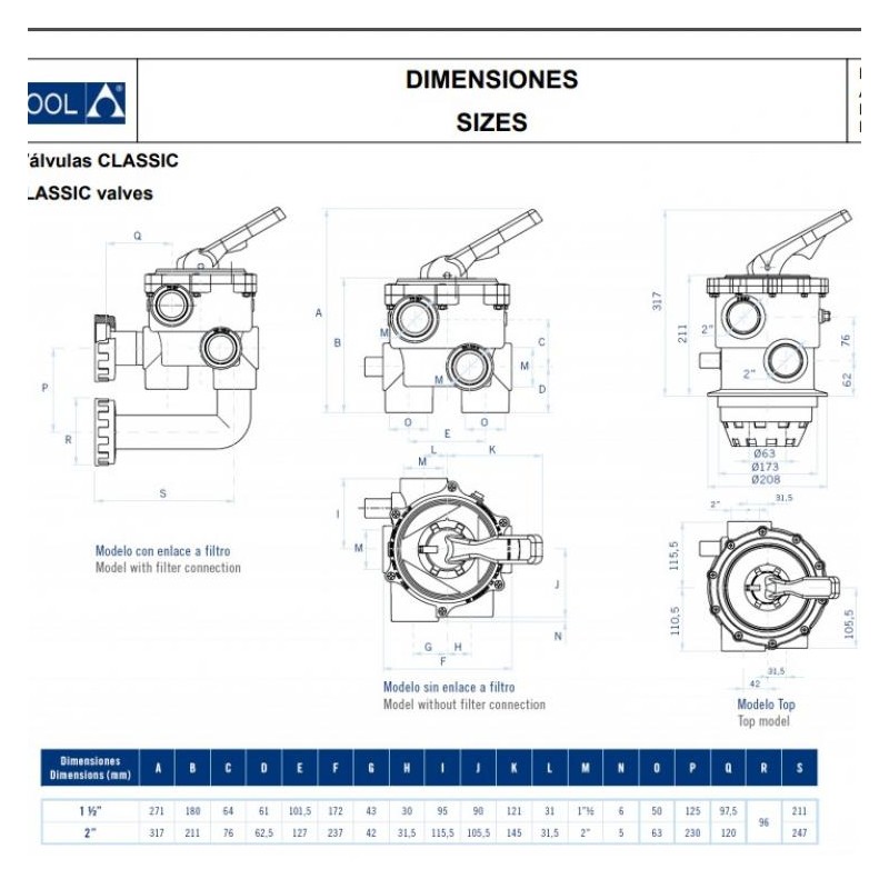 Selector Valve with Screws for Swimming Pools, 1 1/2'' Thread