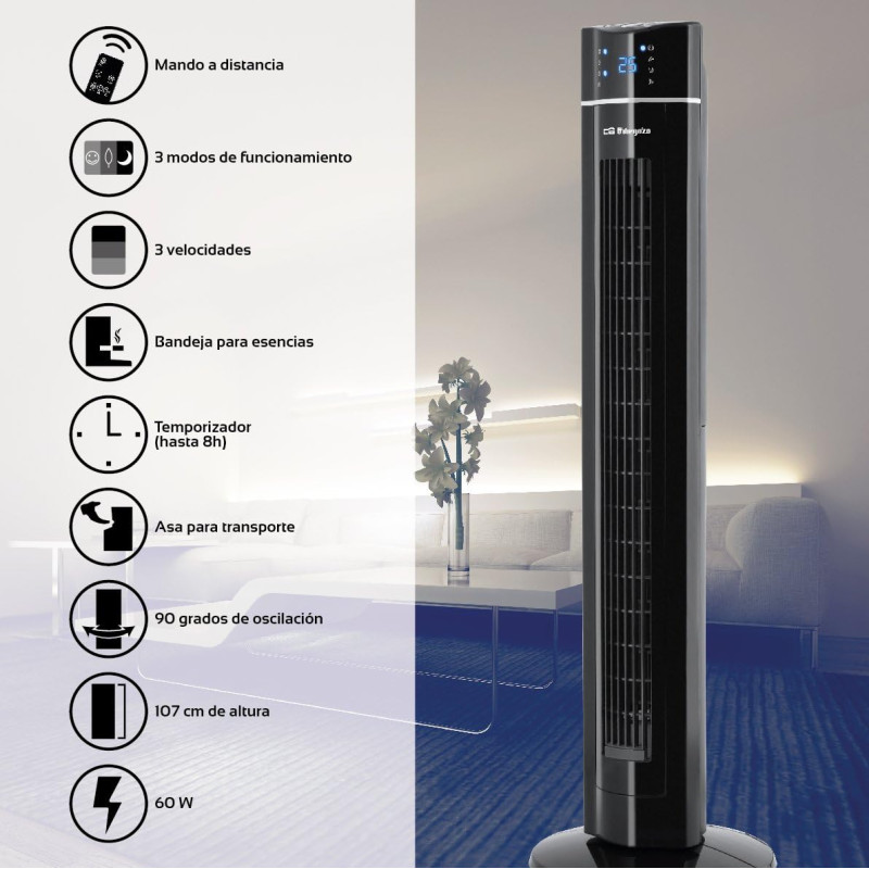 Orbegozo tower fan with remote control, Ionic, 60 W, LED front panel.